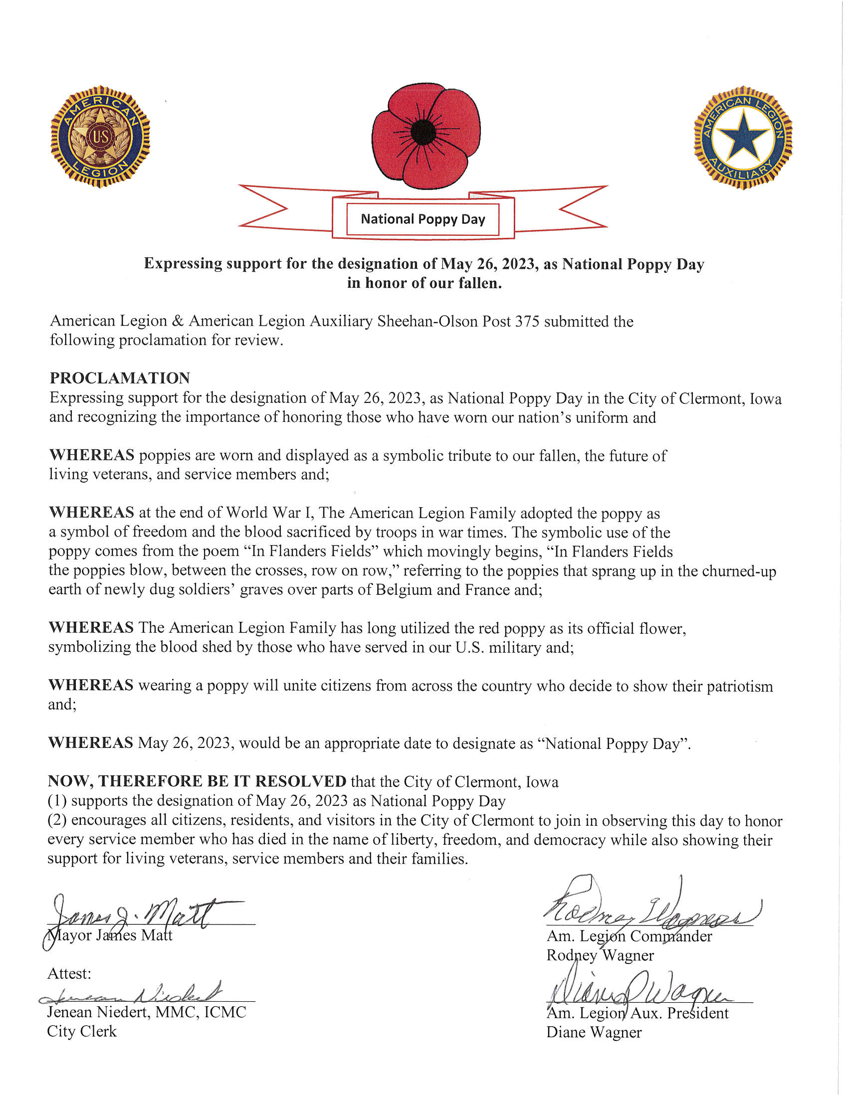 National Poppy Day Proclamation – 5-26-2023 – City of Clermont Iowa