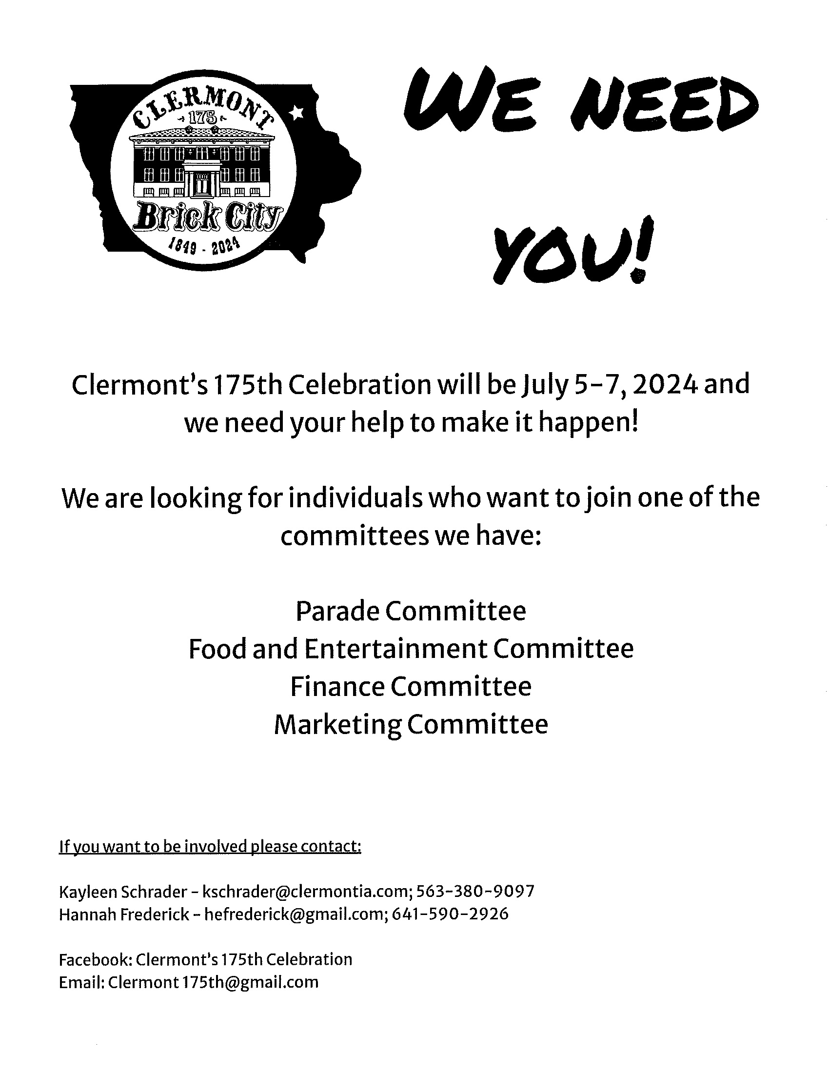 175th Celebration – “We Need You!” – City of Clermont Iowa