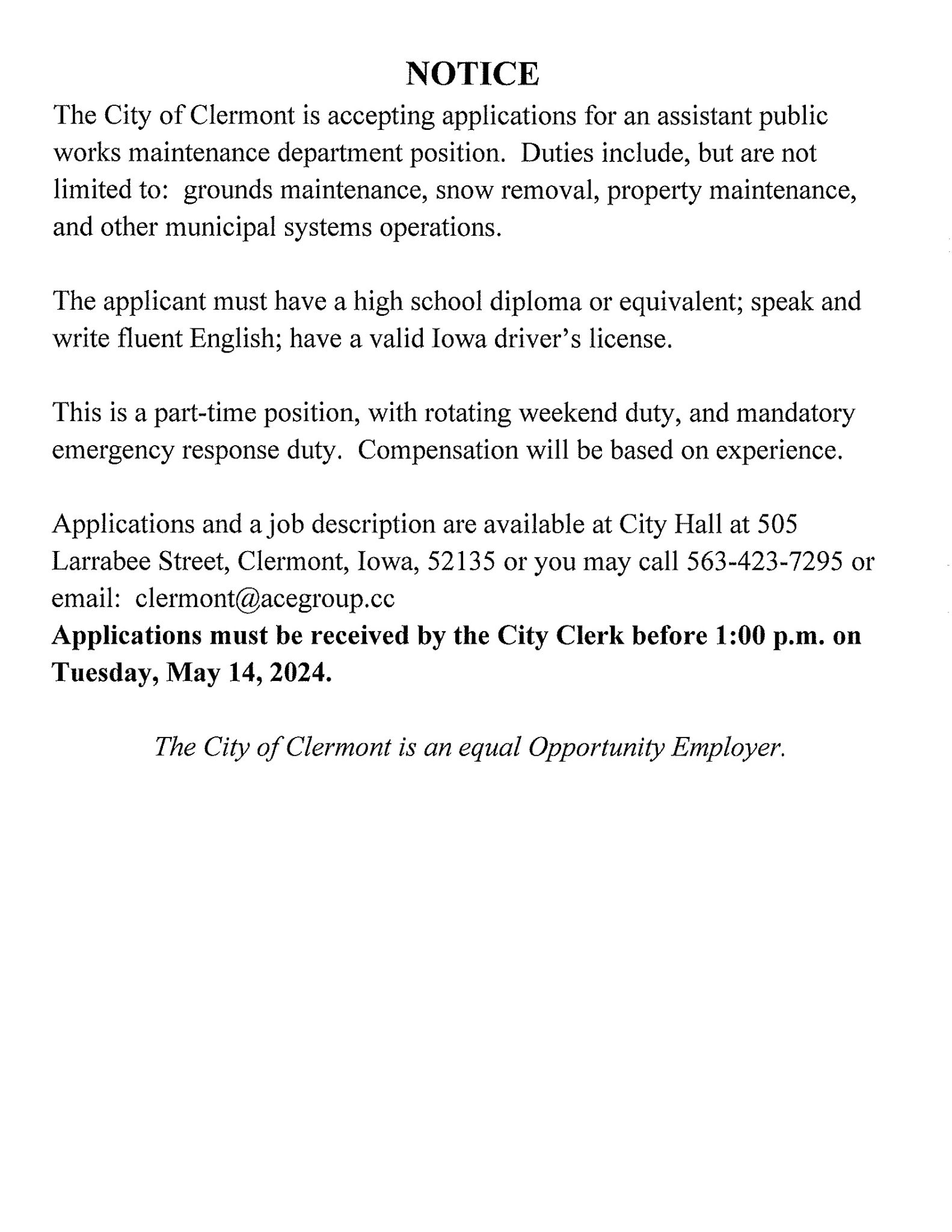 Notice – Taking Applications for Assistant Public Works Maintenance ...