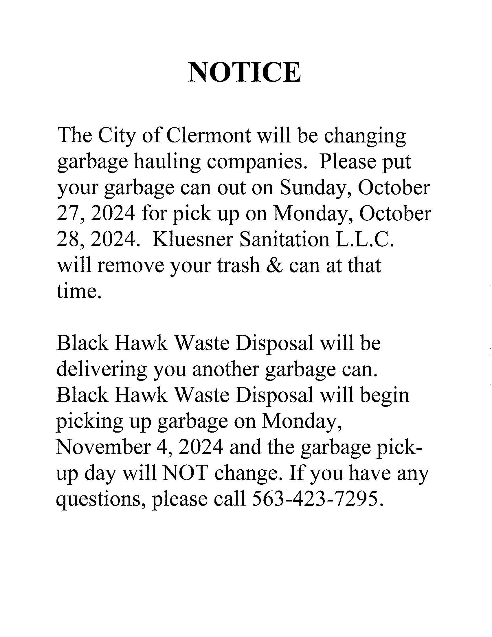 Changing Garbage Hauling Companies – 10-27-2024 – City of Clermont Iowa