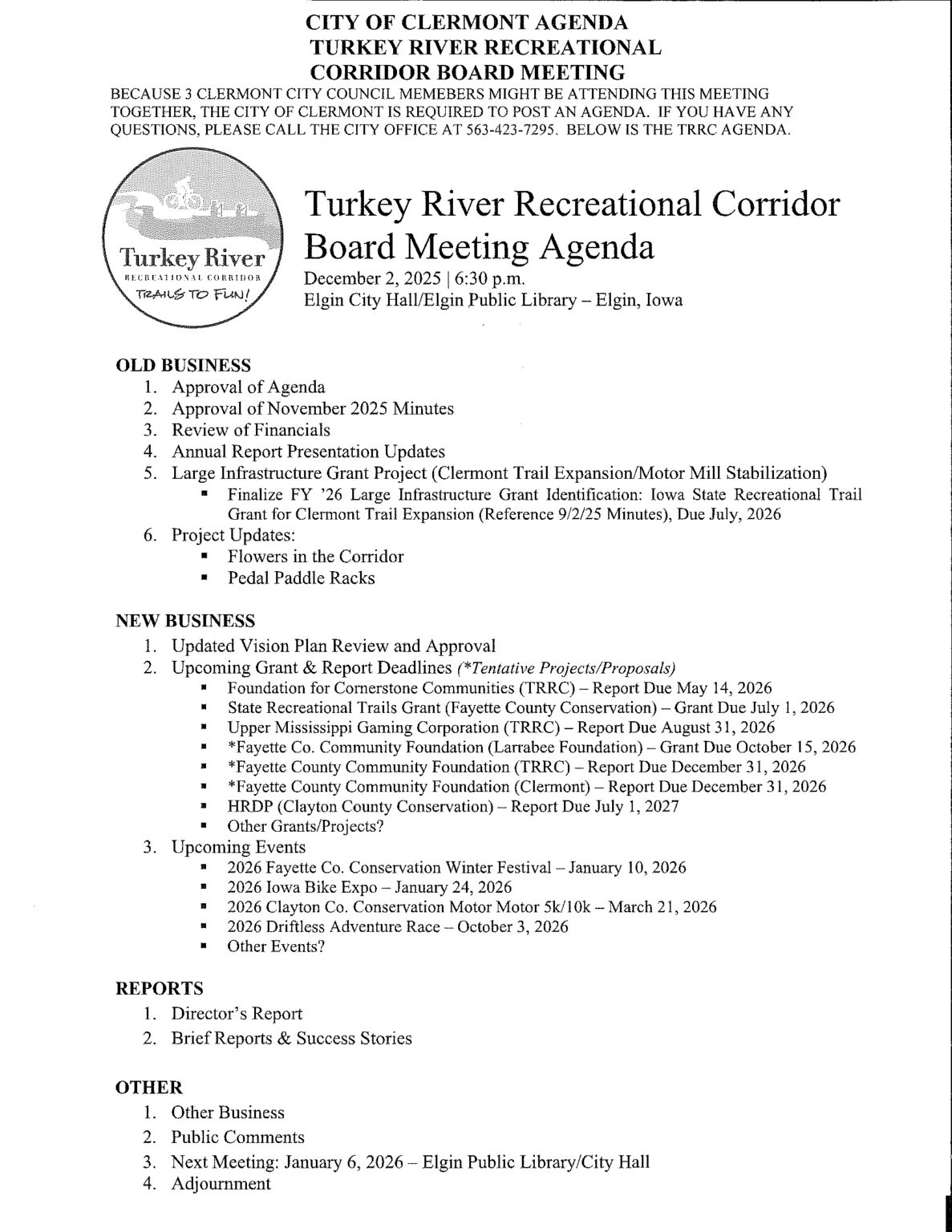 TRRC Agenda – 12-2-2025 – City of Clermont Iowa